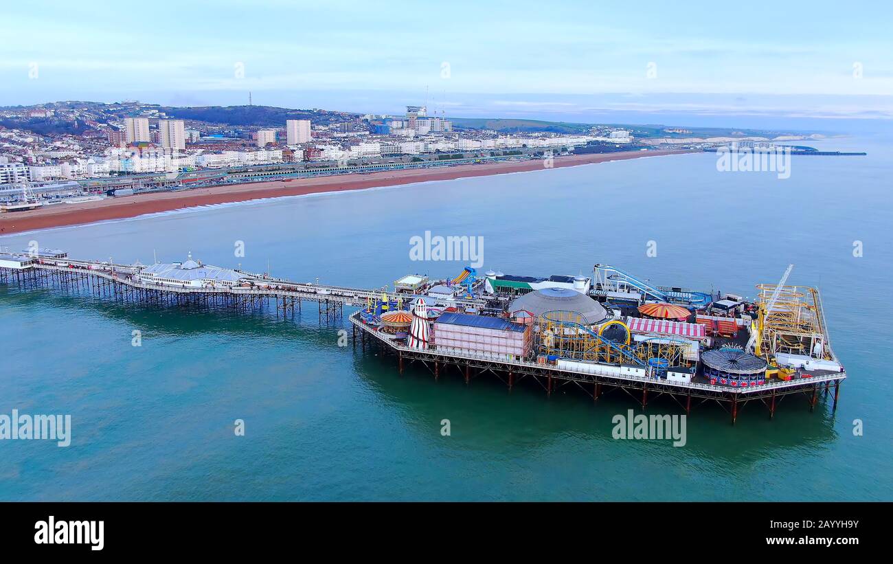 Brighton Pier from above - aerial view over Brighton Beach Stock Photo ...