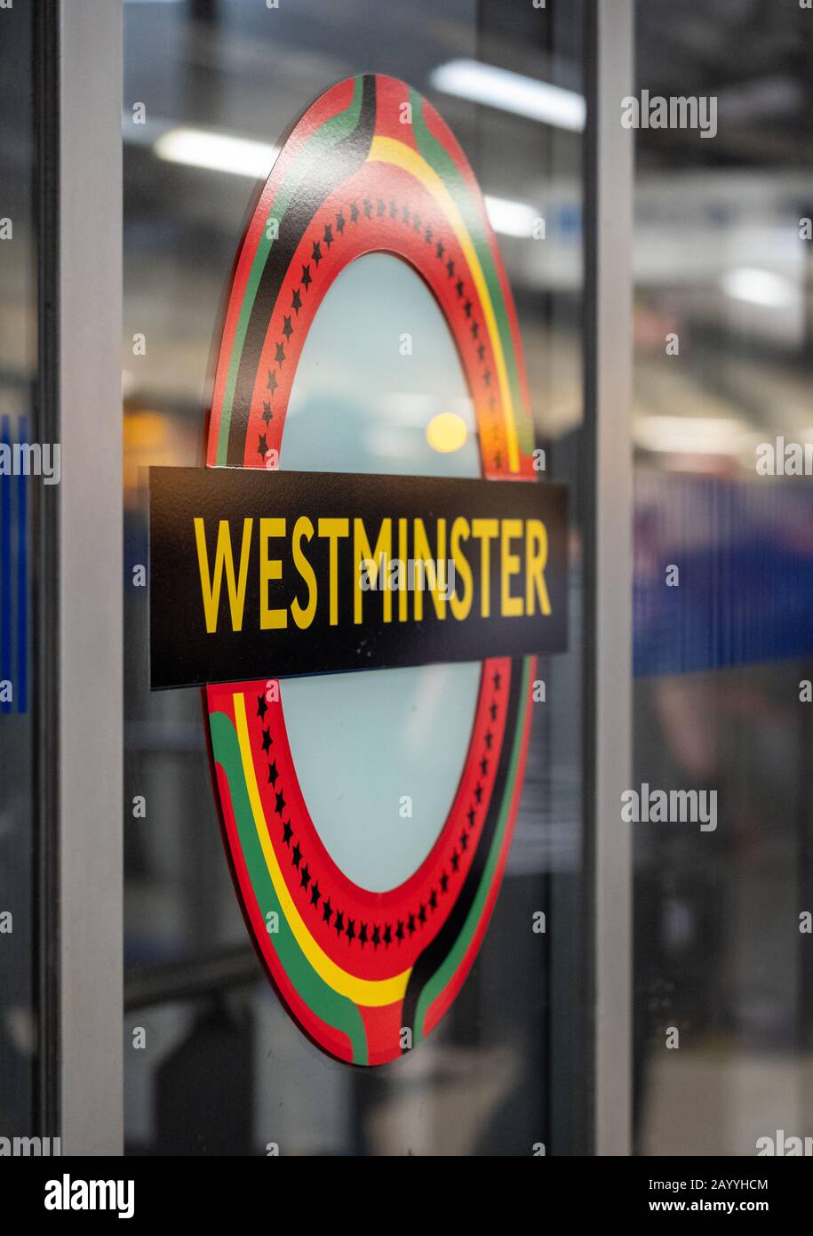 TFL roundel on platform at Westminster underground station, London, UK ...
