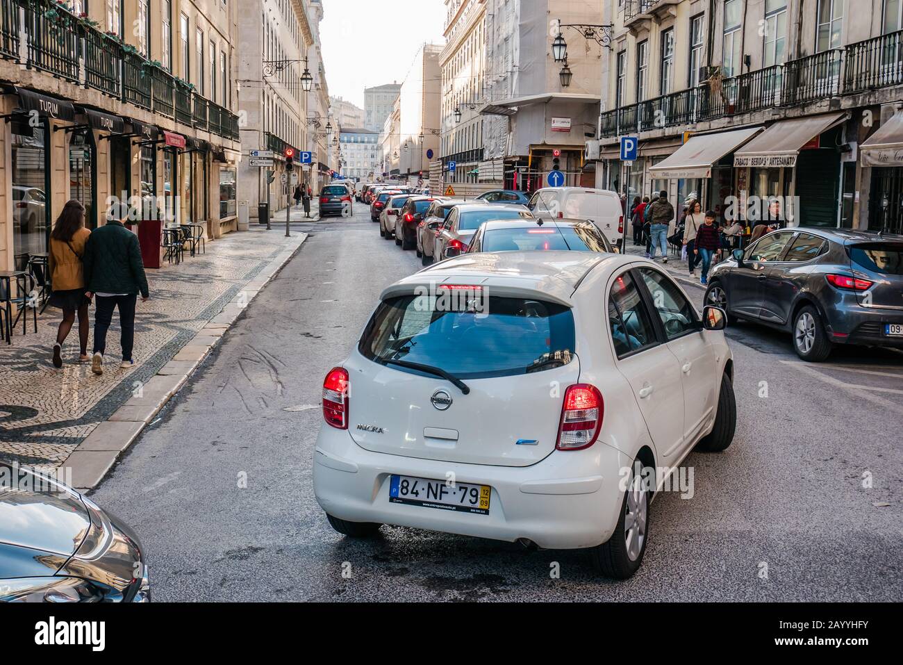 traffic jam cars lineup on the narrow road in lisbon portugal Stock ...