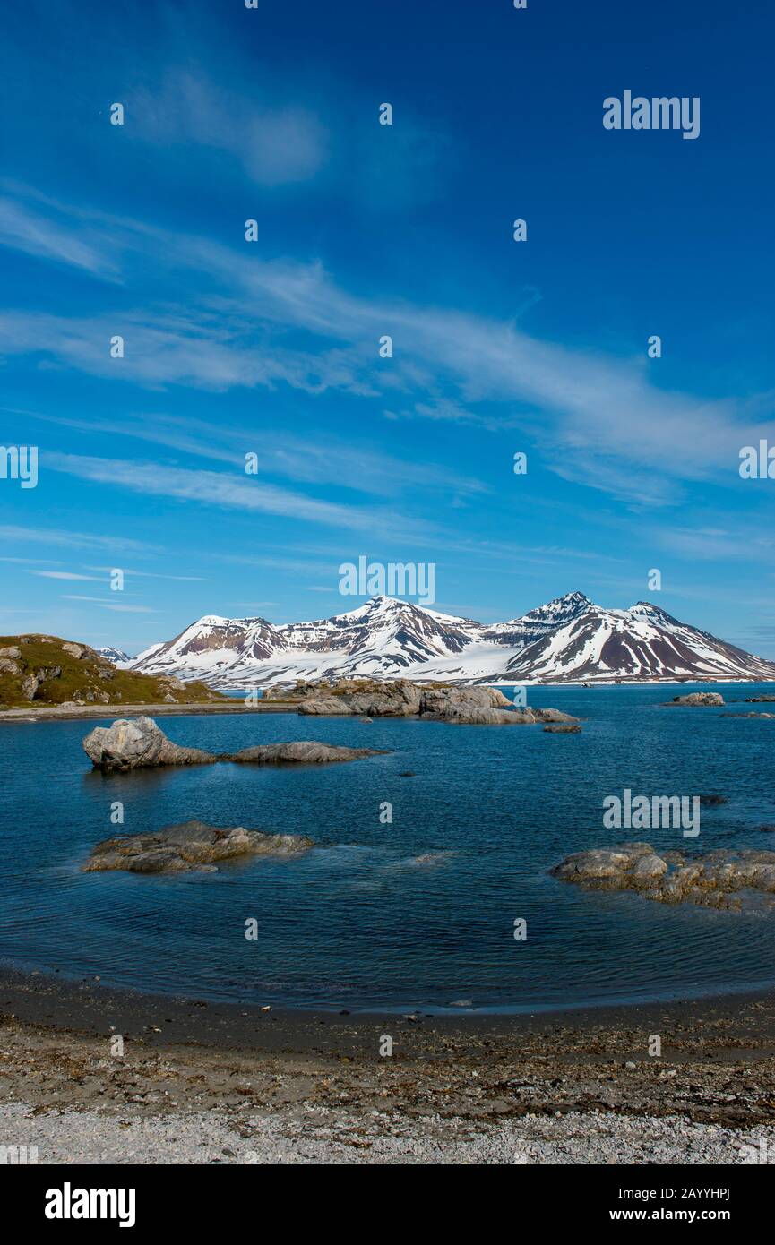 View of the landscape at Hornsund from Gnålodden in Svalbard, Norway ...