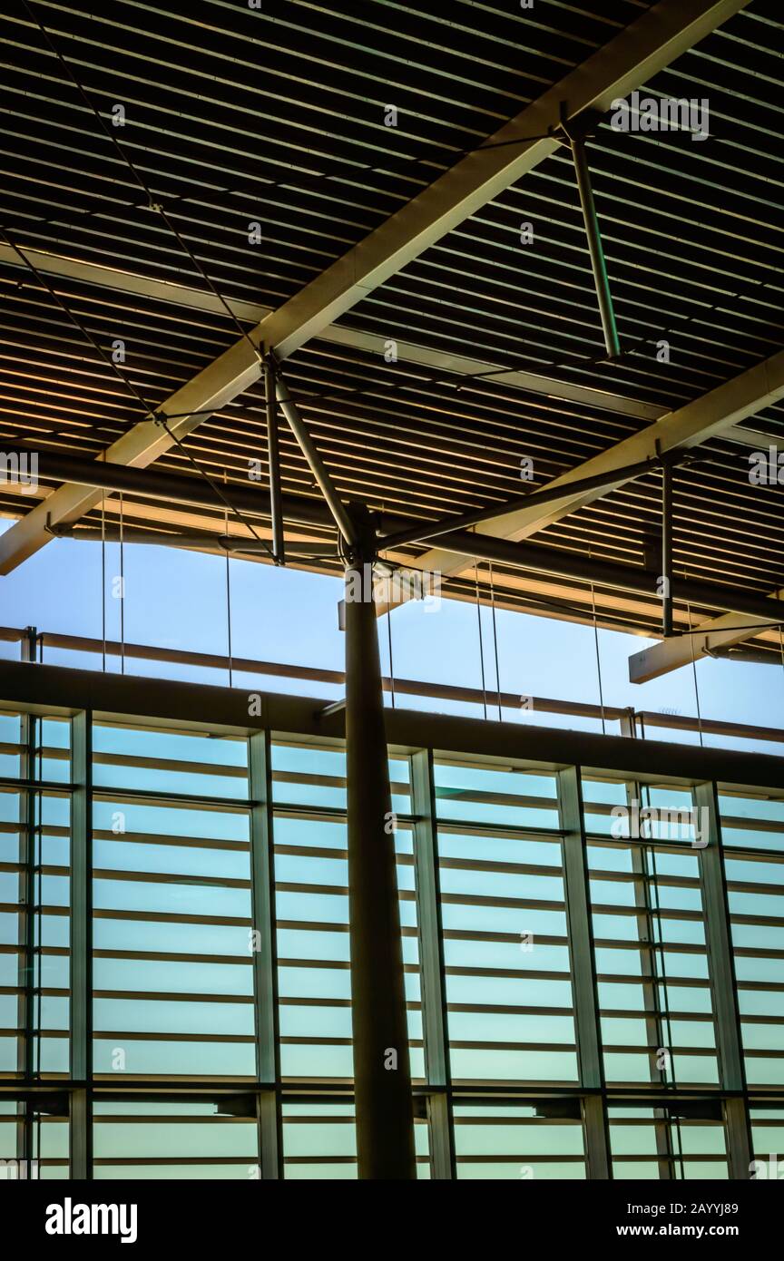 Modern arquitectural detail of glass window and roof at Burton Barr ...