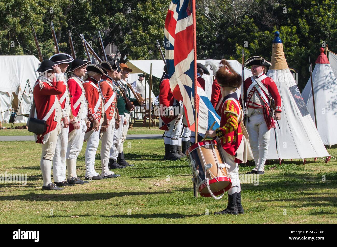 British redcoat soldiers parading during a reenactment of the American ...