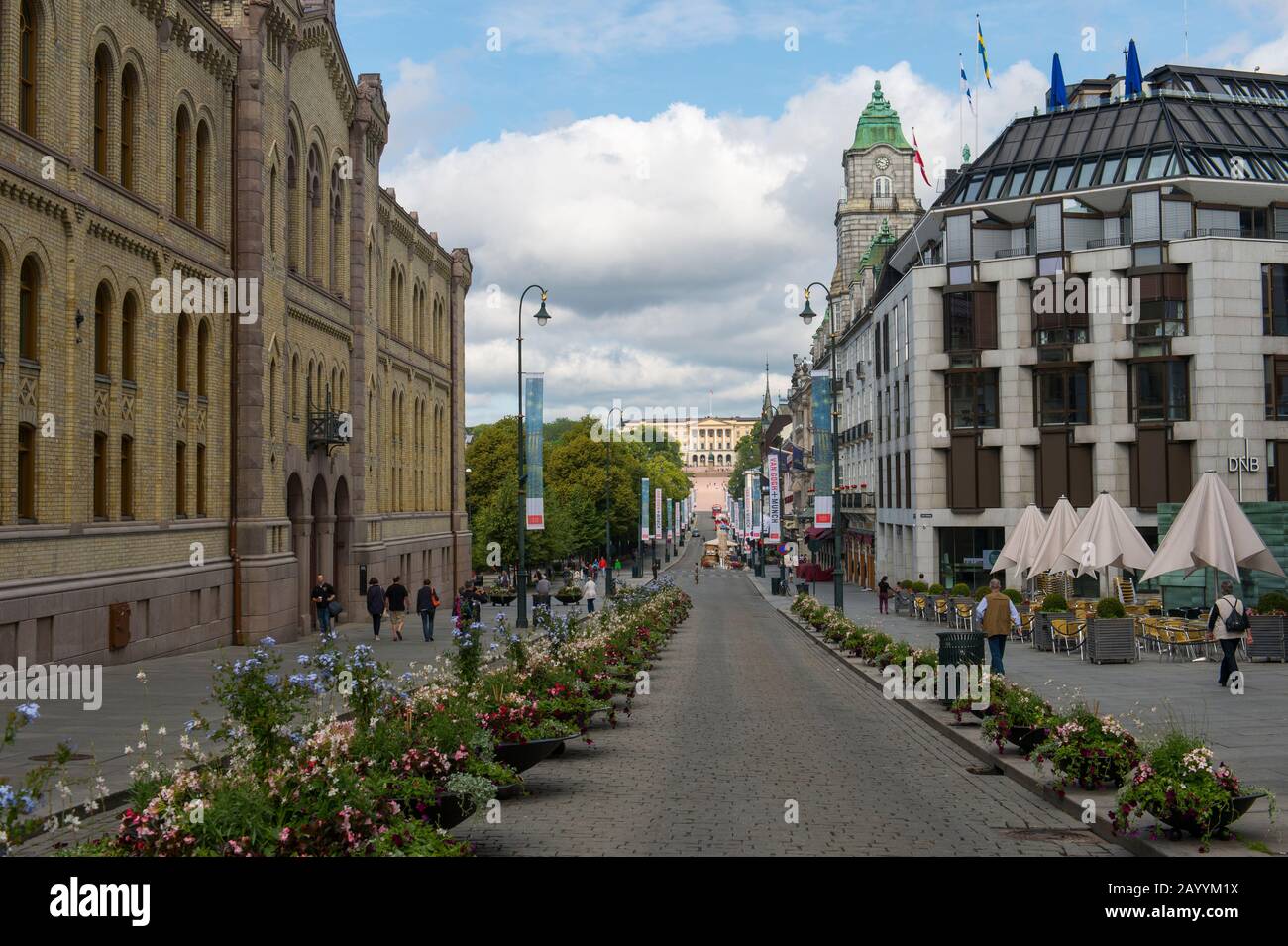 Karl Johans Gate street scene in Oslo, Norway with royal palace in the ...