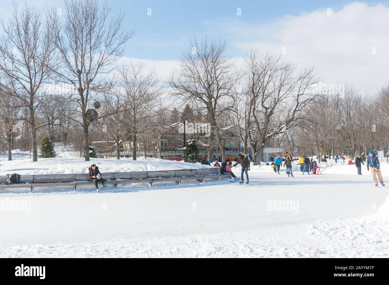 Montreal, Canada - February 16, 2020: Ice skating rink at Beaver Lake ...