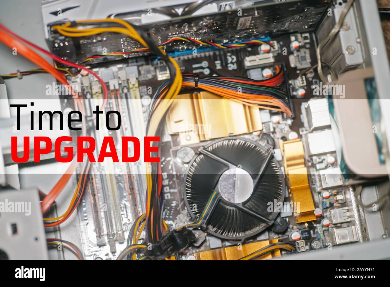 Text TIME TO UPGRADE . top view of computer parts with harddisk, ram ...