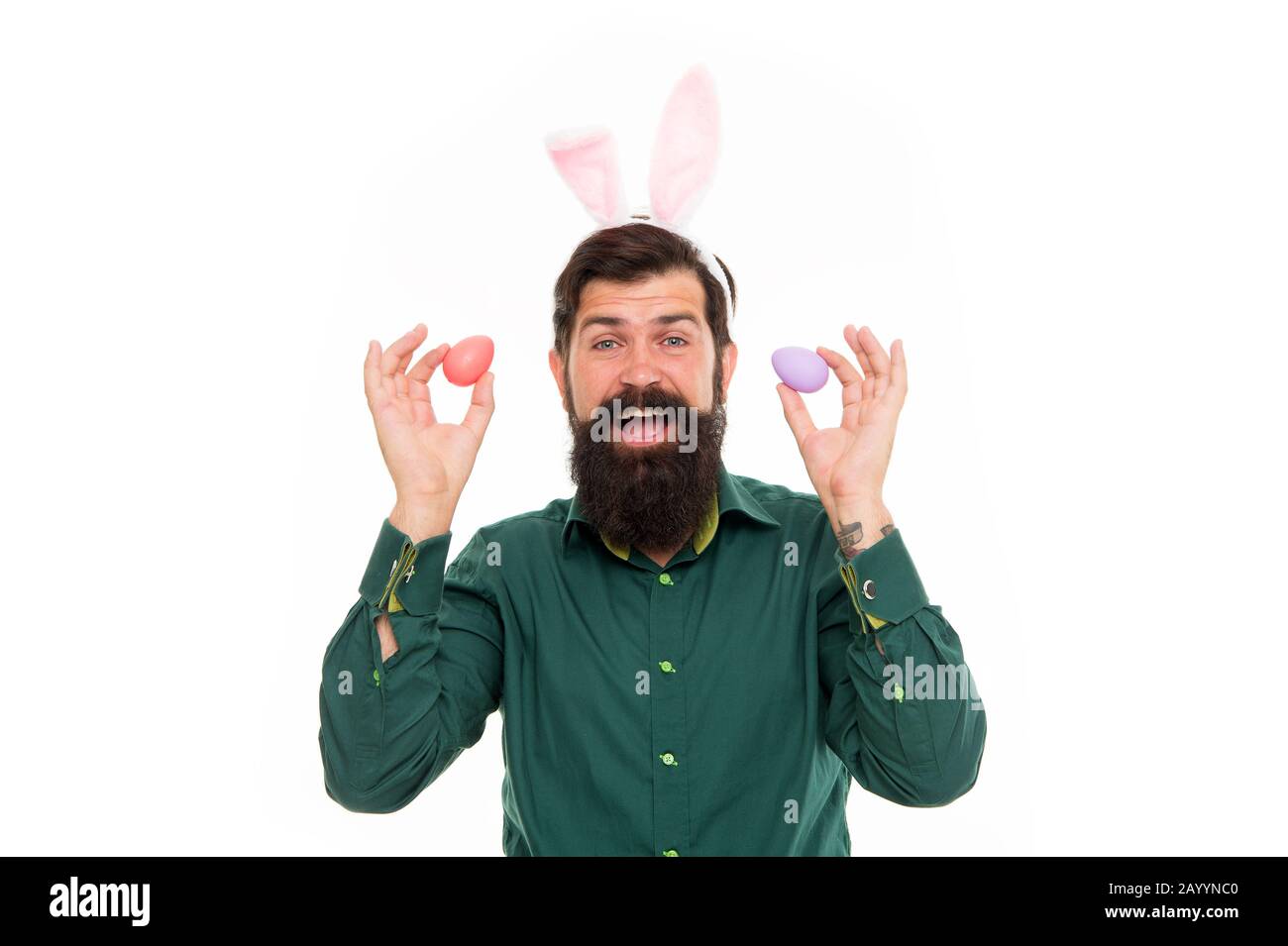 Celebration of feast of feasts. Bearded man hold paschal eggs. Happy ...
