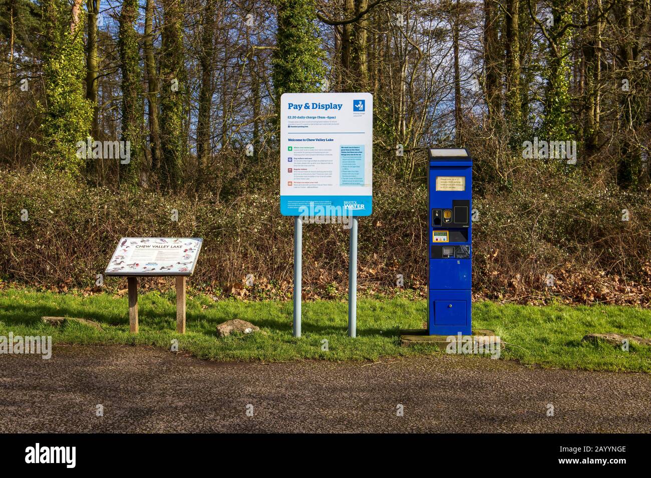Parking Meter and info Boards at Chew Valley Lake Car Park Stock Photo ...