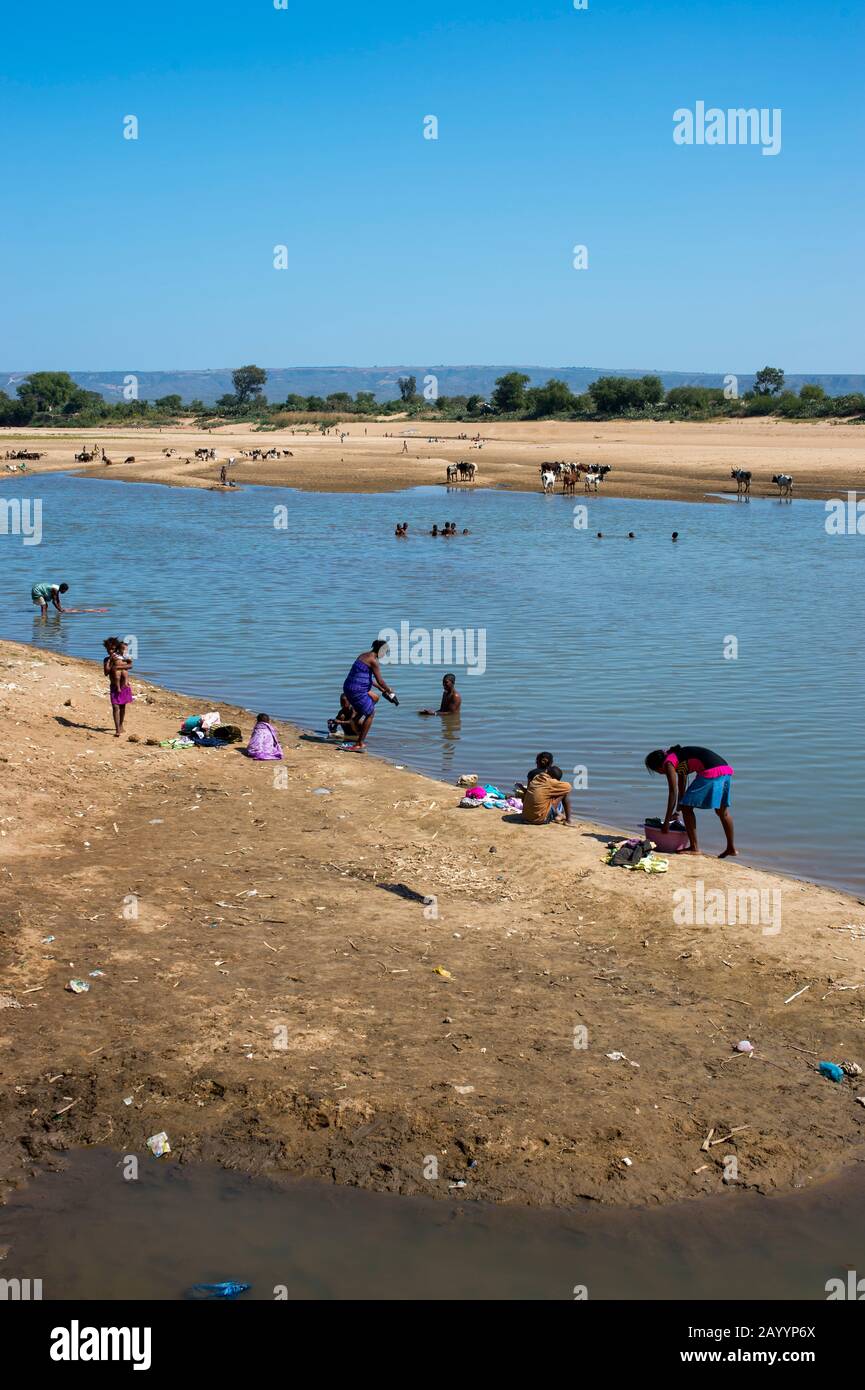 People washing and bathing at the Mandrare River near Berenty in ...