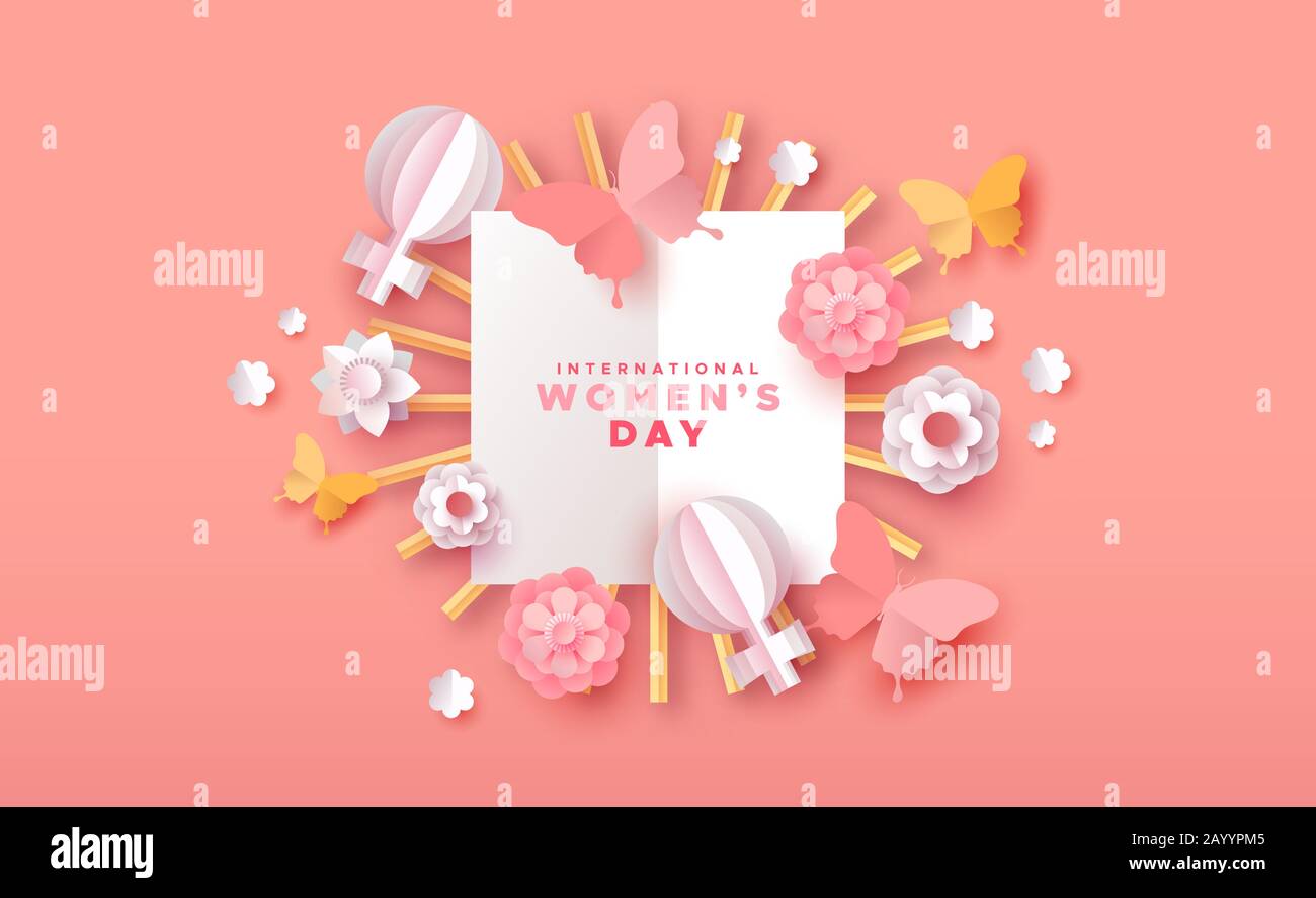 International Women's Day paper craft greeting card of white frame with ...