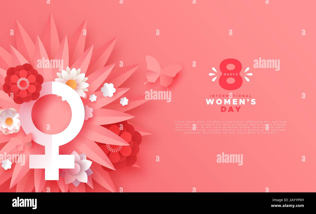 Happy Women Day 8th March greeting card illustration. Cute pink 3D ...