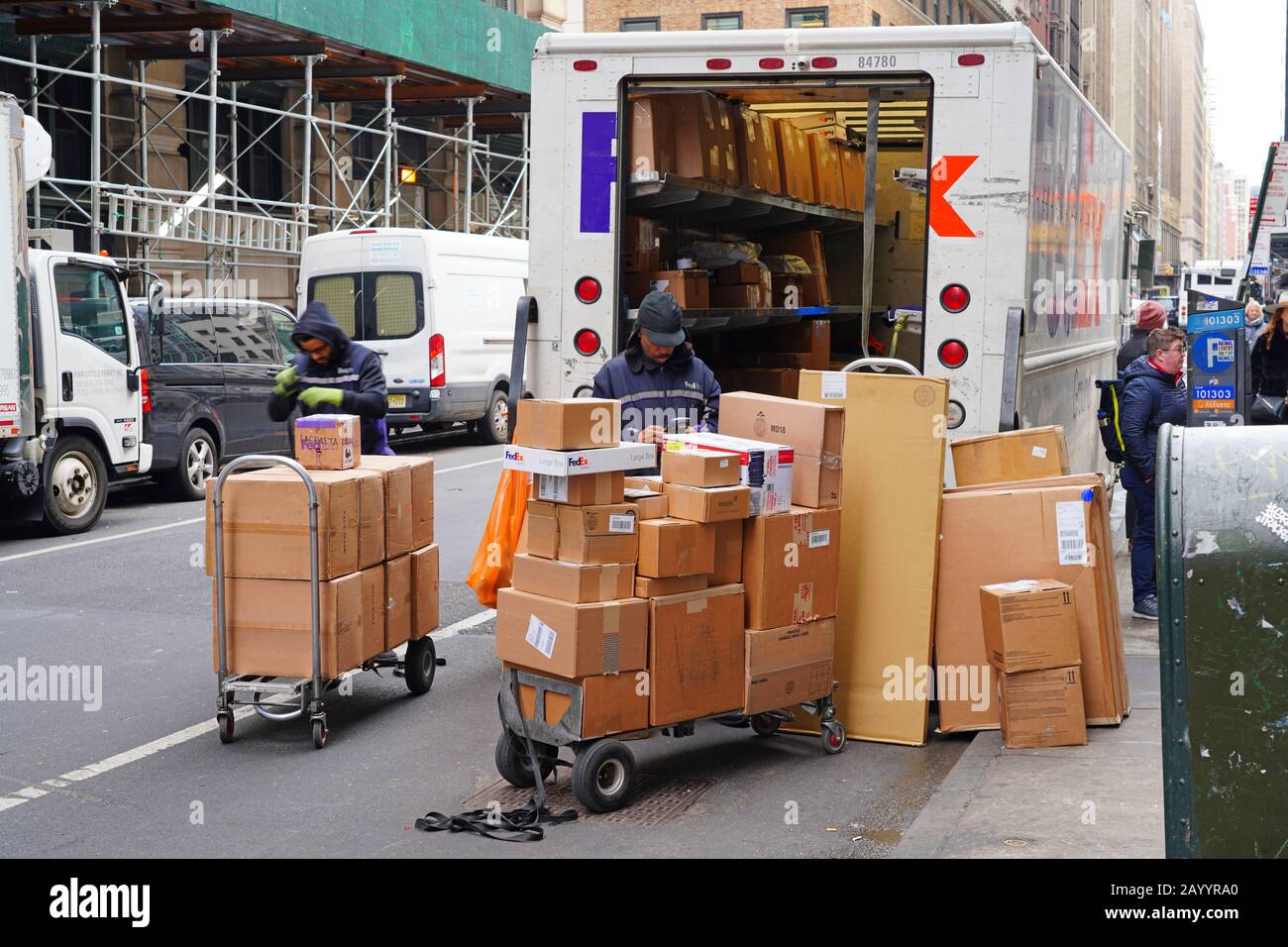 NEW YORK, NY -1 FEB 2020- View of a pile of packages by a FedEx ...
