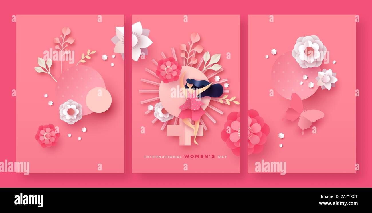 Happy Women Day holiday greeting card set of 3D papercut spring flowers ...