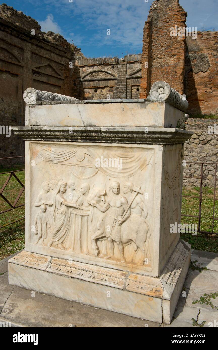 Stone carving at a Roman villa in Pompeii near modern Naples in the ...