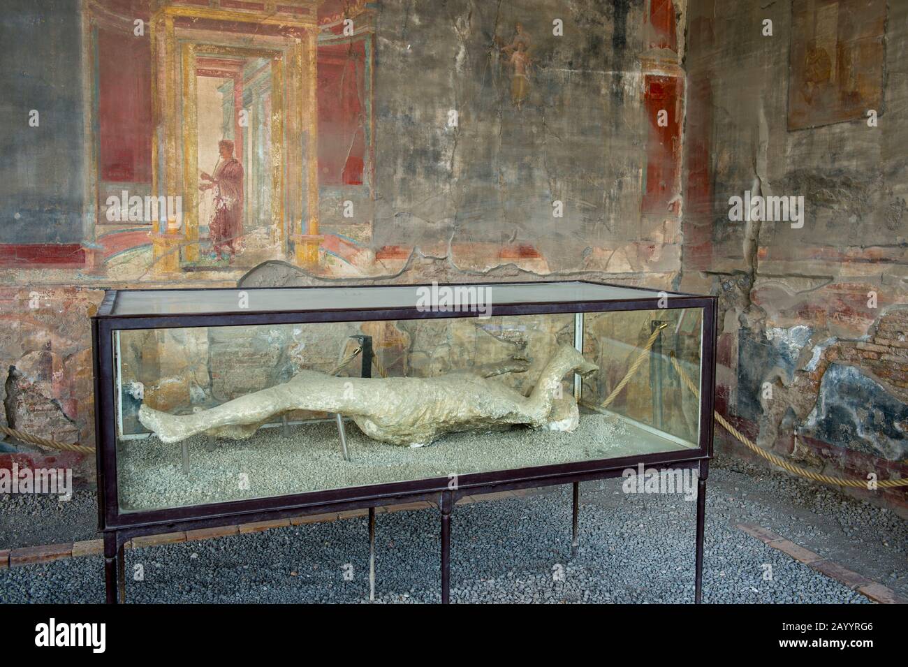 Plaster cast of a victim of the volcanic eruption in Pompeii near ...
