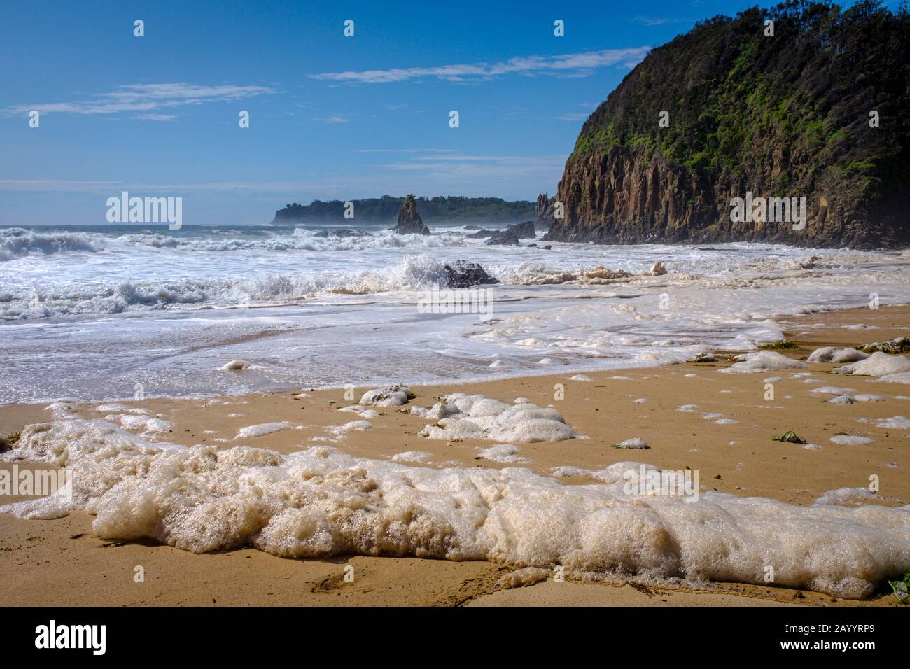 sea foam, ocean foam, beach foam or spume on Jones Beach, Kiama, NSW ...