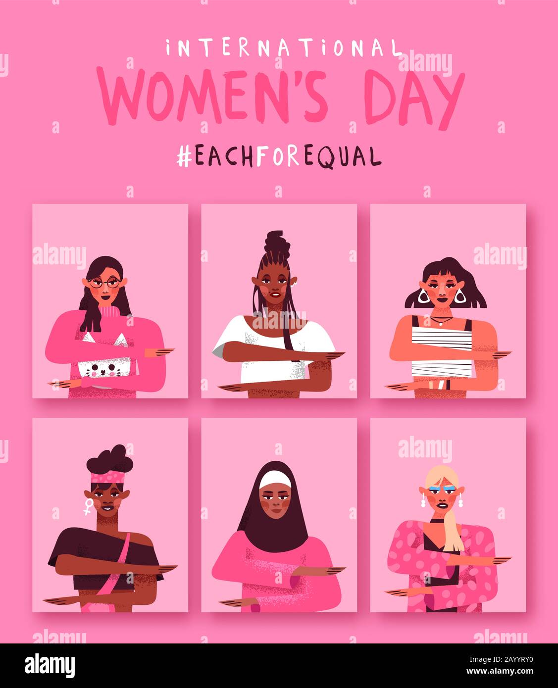 International women's day illustration set. Diverse female characters ...