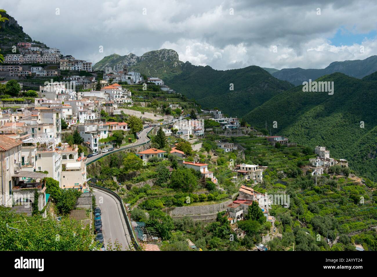View from of the hills the town of Ravello on the Amalfi Coast, Italy ...