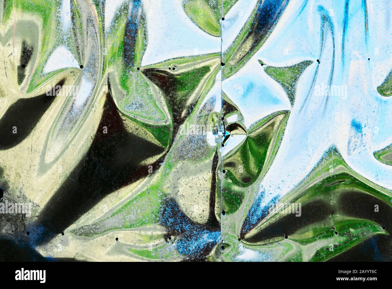 Background of white, green and blue reflections on dirty metal sheets ...