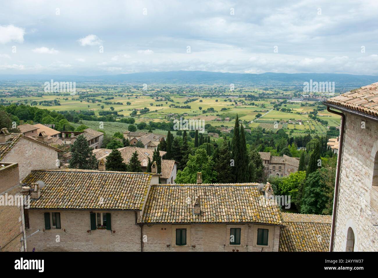 View of the valley from the city of Assisi in Umbria, Italy Stock Photo ...