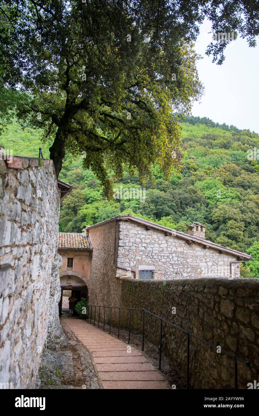 The Hermitage of St. Francis (Eremo delle Carceri) in a forest gorge at ...