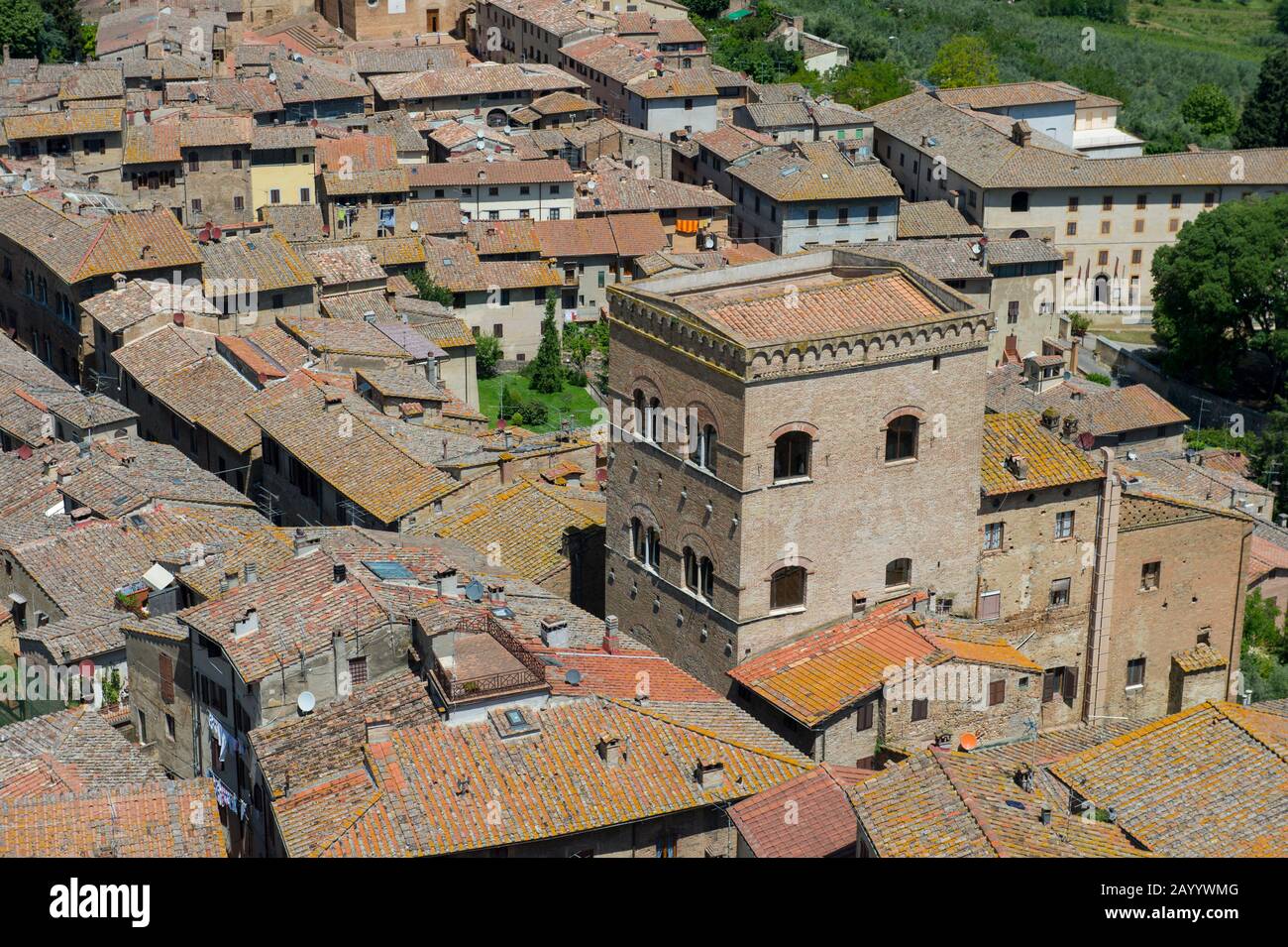 View from a tower of therooftops of the medieval walled hill town of ...