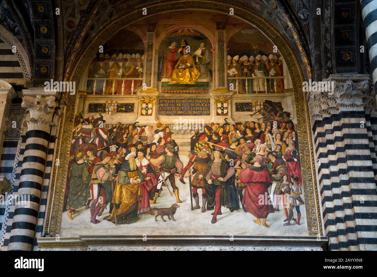View of a fresco in the interior of the Siena Cathedral di Santa Maria ...