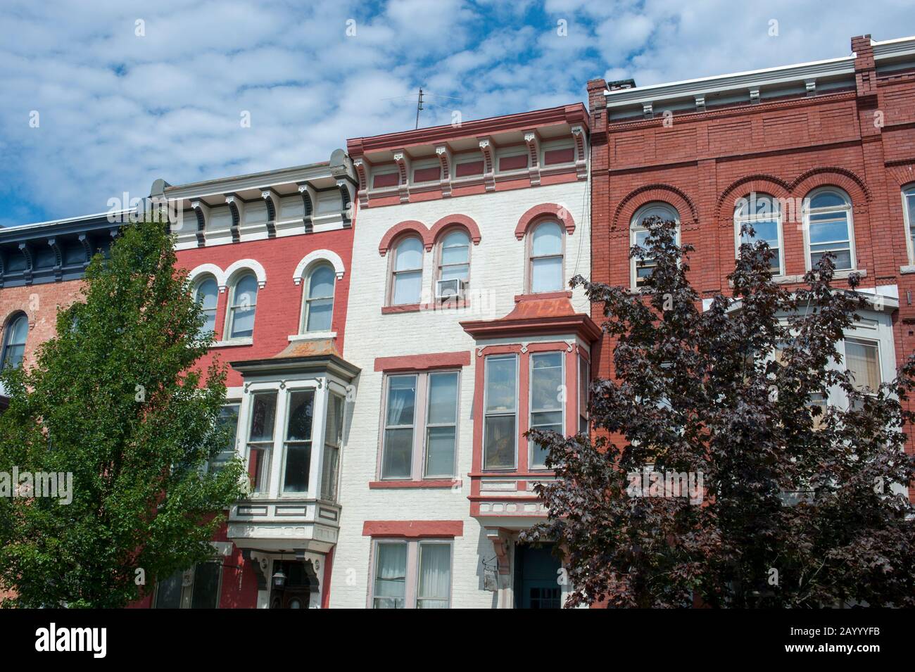 Brick houses along Warren Street in the town of Hudson on Hudson River ...