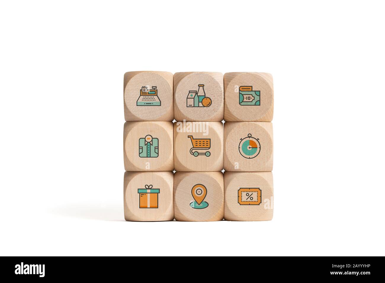 cubes with sales icons on white background Stock Photo - Alamy