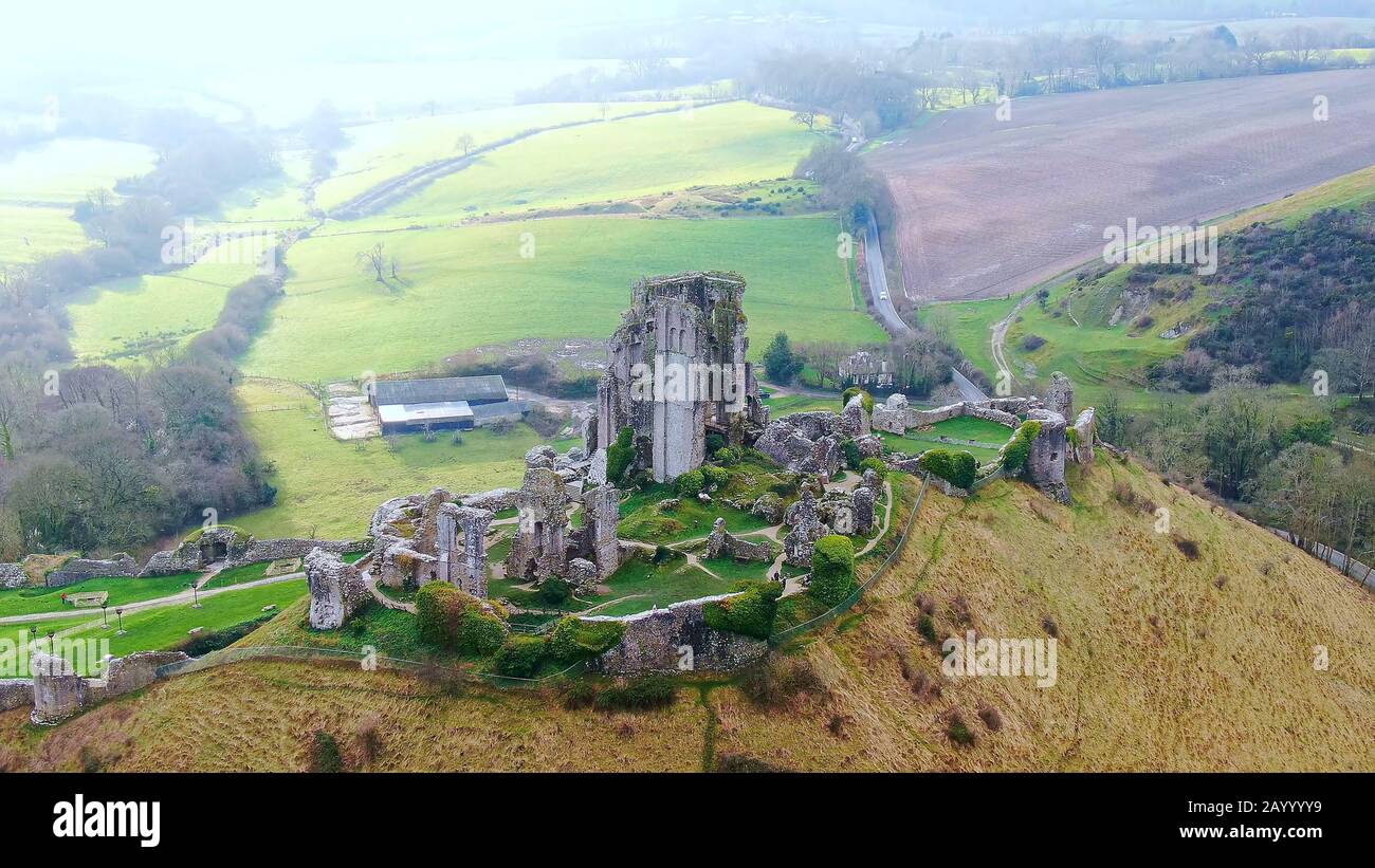 Flight around Corfe Castle in England - aerial view Stock Photo - Alamy