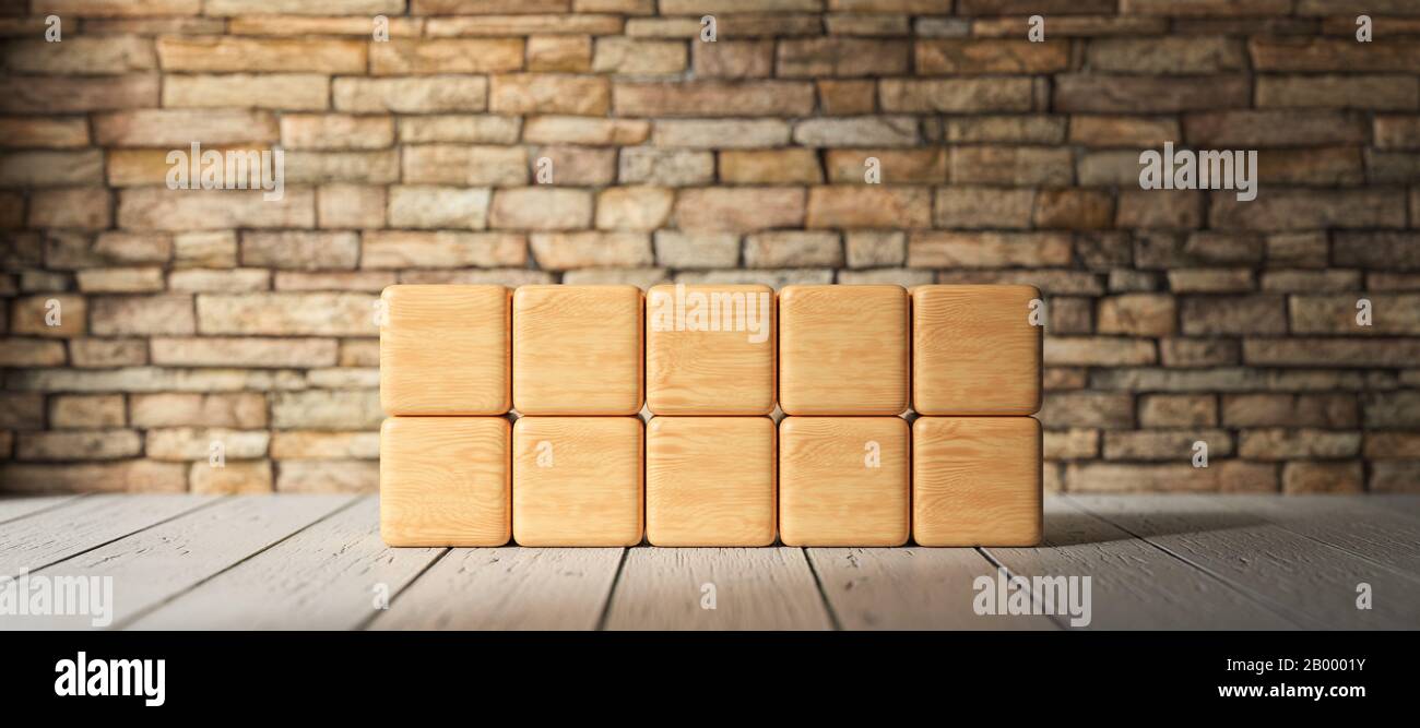 empty wooden blocks for own text on wooden floor in front of a brick ...