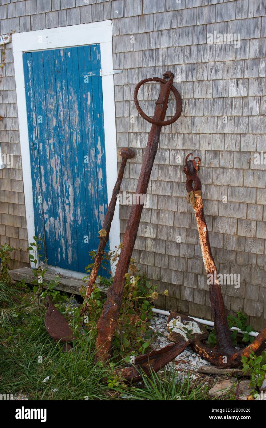 Old anchors in the small fishing port of Menemsha on Martha’s Vineyard ...