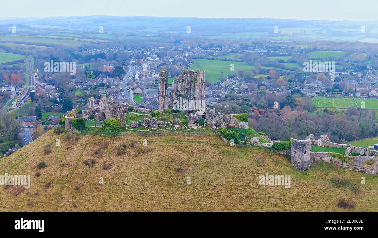 Corfe Castle in England - aerial view Stock Photo - Alamy