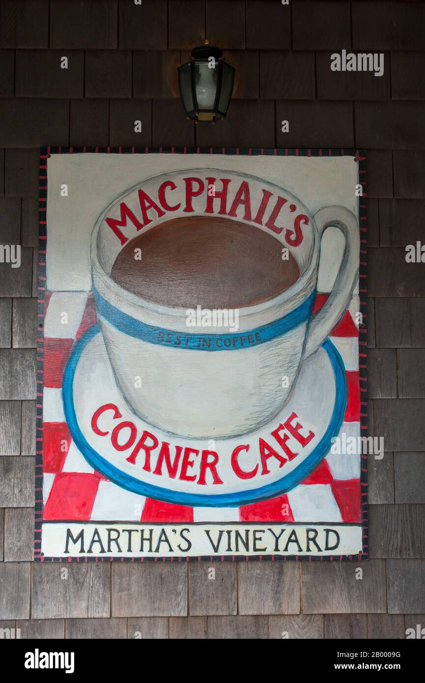 A street scene with a cafe sign in Edgartown on Martha’s Vineyard ...