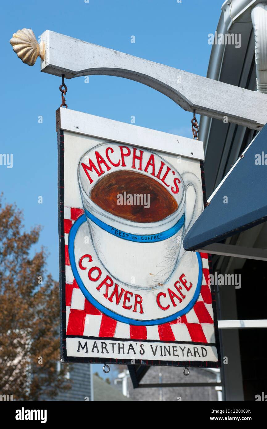 A street scene with a cafe sign in Edgartown on Martha’s Vineyard ...