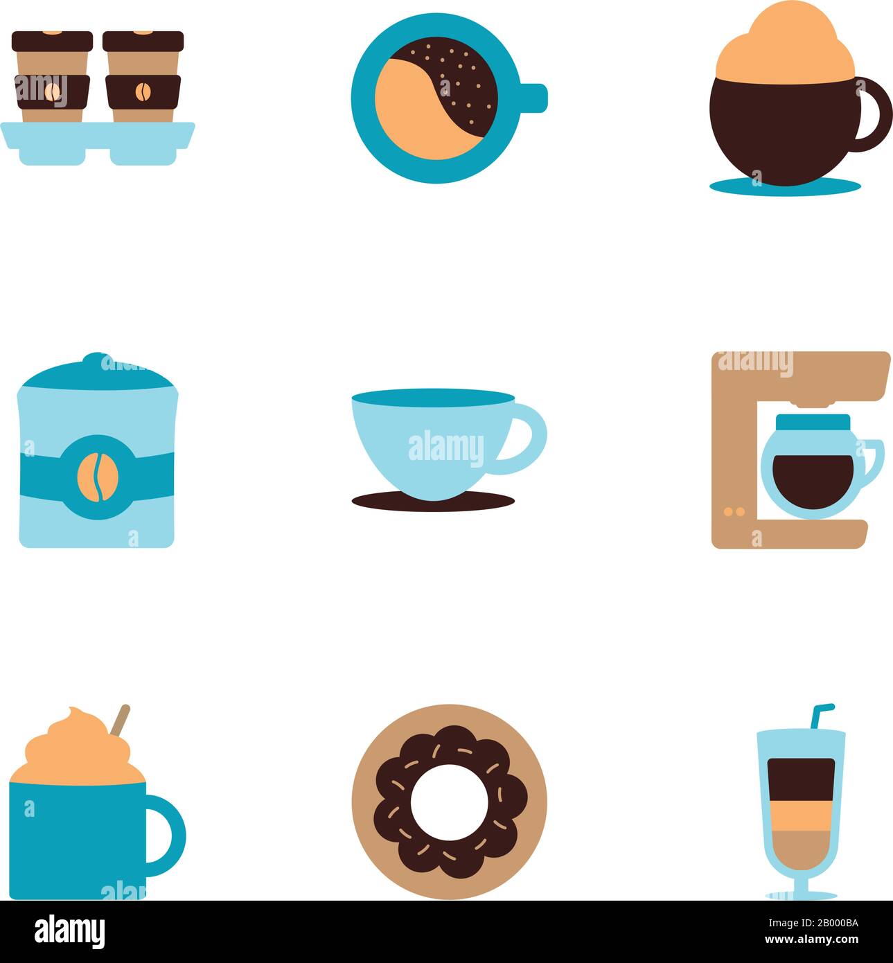 Coffee flat style icon set design of time drink breakfast beverage ...