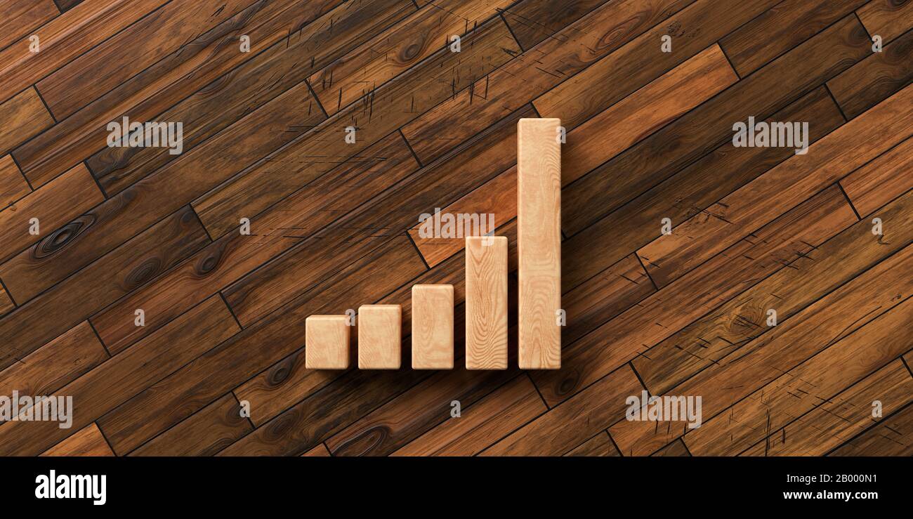 wooden blocks formed as a chart on wooden background - 3D rendered ...