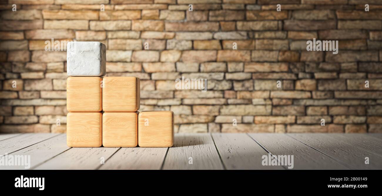 empty wooden blocks for own text on wooden floor in front of a brick ...