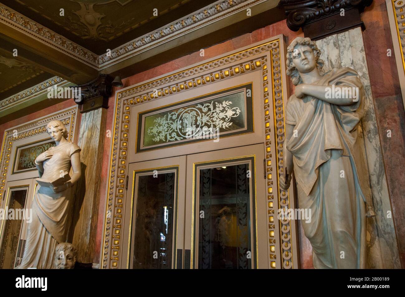 Statues in the elaborate interior of the National Theatre in San Jose ...