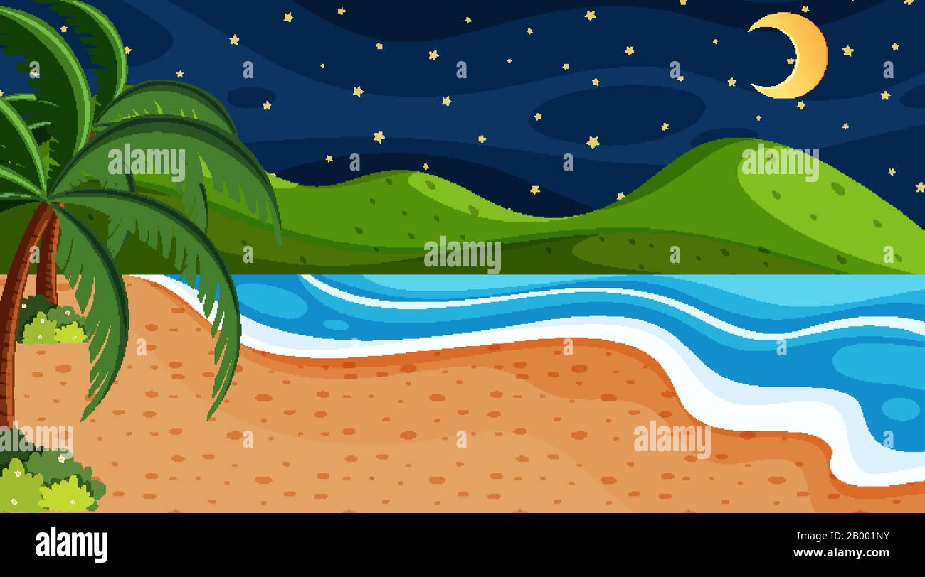 Nature scene with ocean at night illustration Stock Vector Image & Art ...
