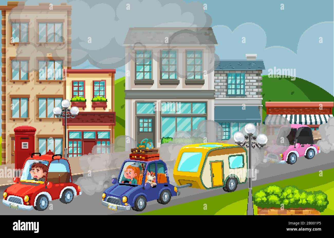 Scene with cars and factory buildings making dirty smoke in the city ...