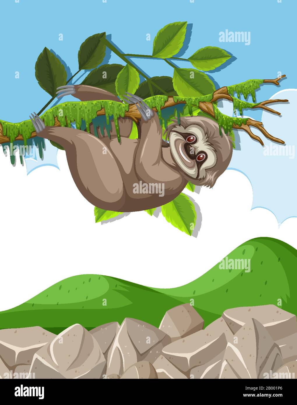 Scene with cute sloth hanging on the branch illustration Stock Vector ...