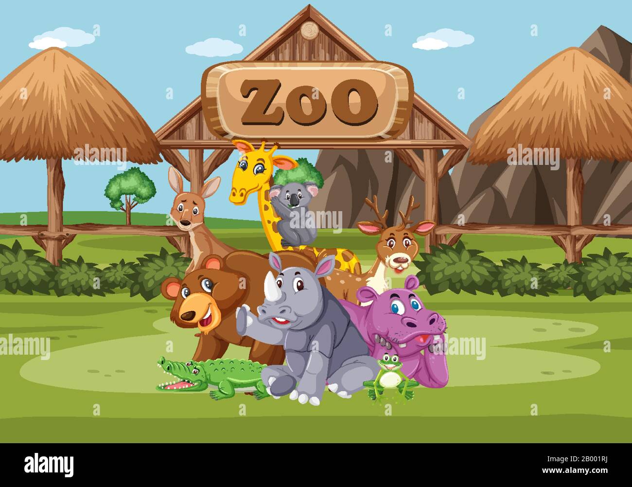 Scene with wild animals in the zoo at day time illustration Stock ...