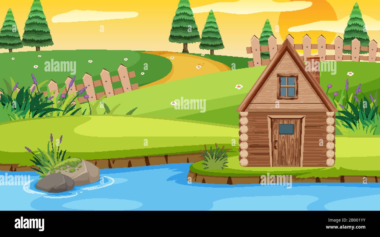 Scene with wooden cottage in the field by the river illustration Stock ...