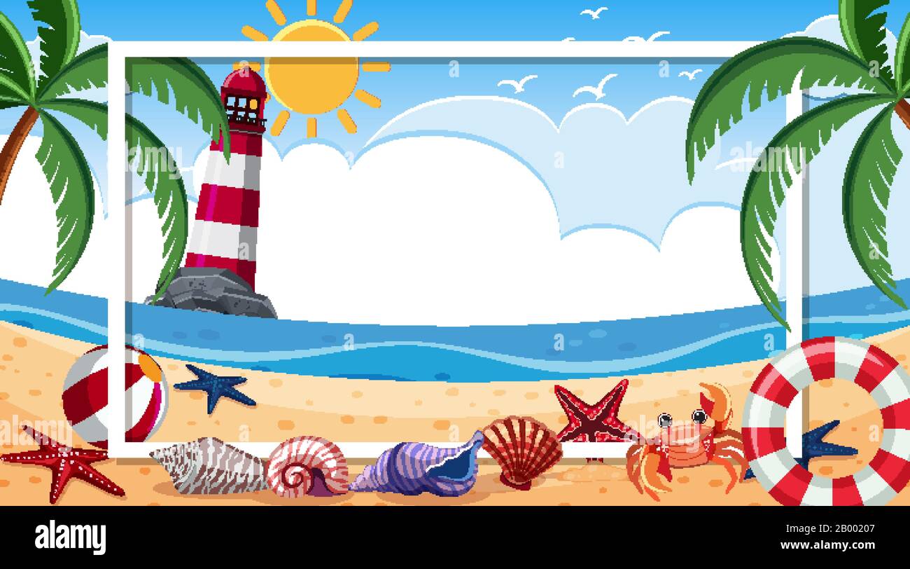 Frame design with seashells and crab on the beach background ...