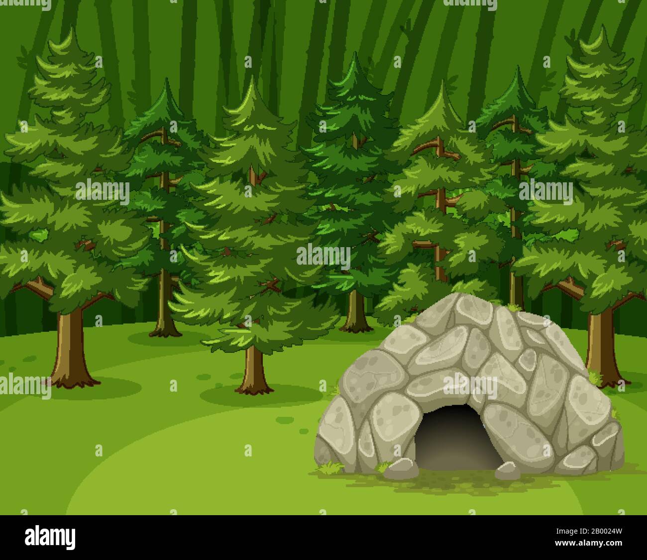 Scene with little cave in the big forest illustration Stock Vector ...