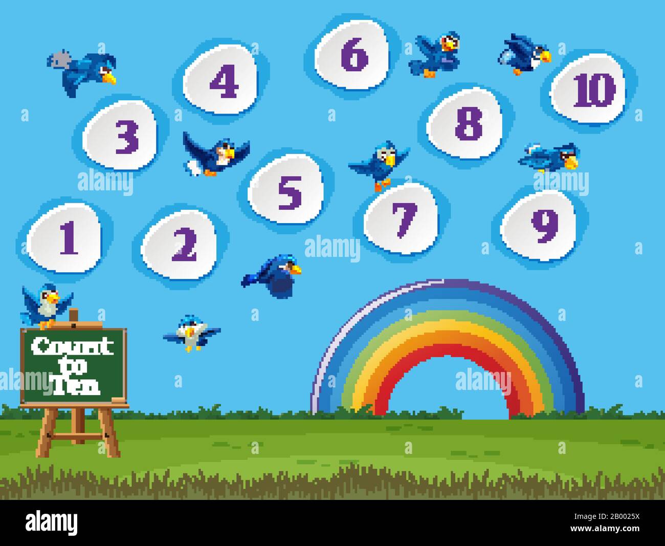 Counting number one to ten with green grass and blue sky background ...