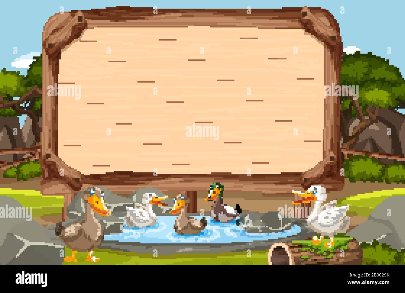 Wooden sign template with many ducks swimming in the pond illustration ...