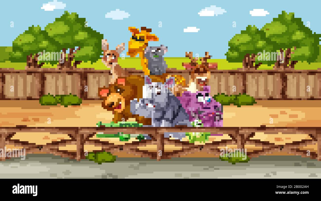 Scene with wild animals in the zoo at day time illustration Stock ...