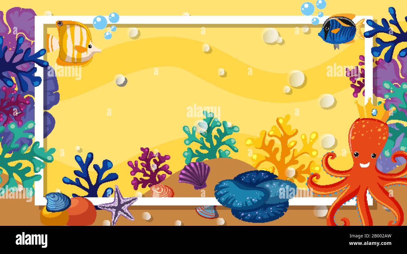 Frame design with sea creatures swimming under the ocean background ...