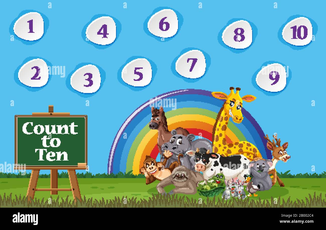 Number one to ten with blue sky and colorful rainbow background ...
